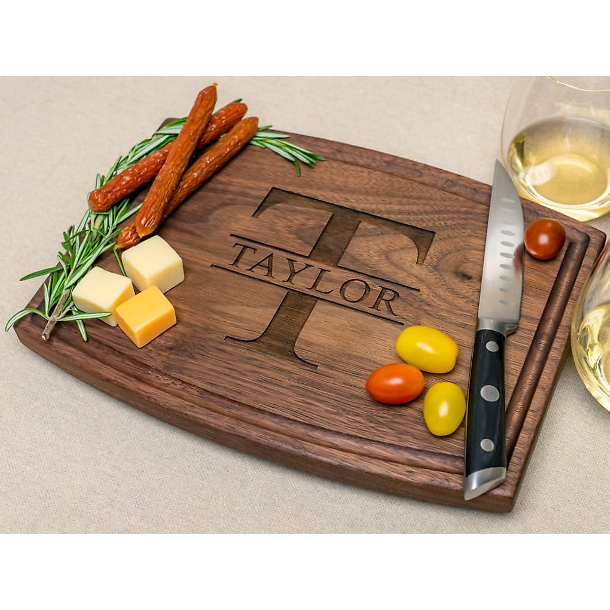 Walnut Artisan Personalized Cutting Boards, Custom Anniversary or Housewarming Gift Idea, Wood Engraved Charcuterie Board for Couples and Newlyweds, Initial Design 050