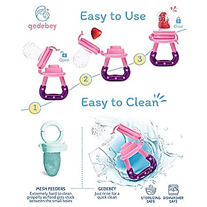 Gedebey Baby Fruit Feeder Pacifier - 3 Pack | 2 Silicone Baby Feeder Pacifiers & 1 Baby Feeding Spoon | Frozen Fruit Teether | Forage Feeder | Food Pacifier for Babies | Baby Food Spoon (Pink)