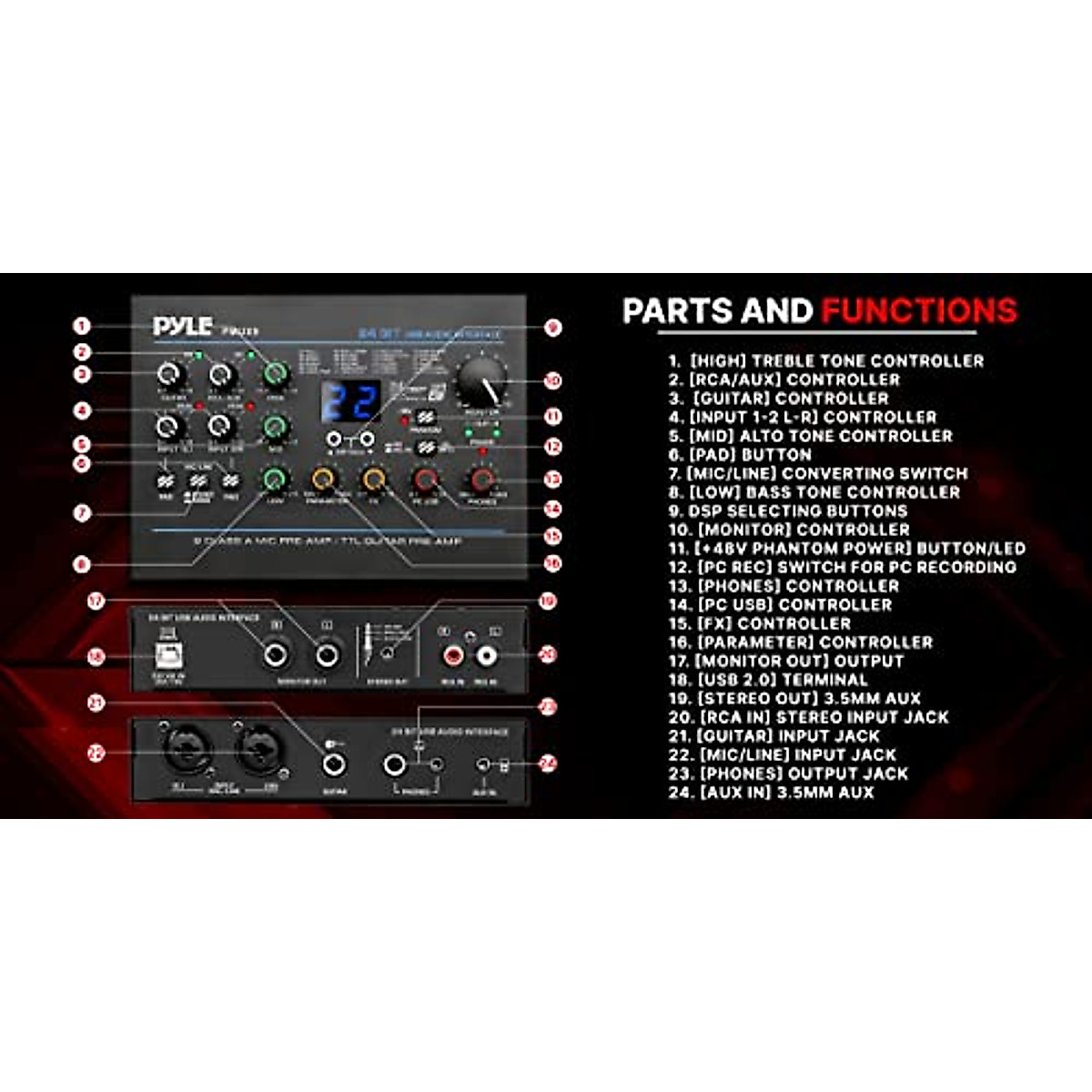 Pyle Professional USB Audio Interface with MIC/LINE, Guitar, AUX Stereo and RCA Inputs, Phone/Stereo/Monitor Outputs, Ideal for Computer Playing & Recording, Preset 24 Digital Effects - PMUX9