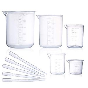 Plastic Beaker Set, 5 Sizes Low Form Measuring Graduated Griffin Polypropylene Beakers in 500 ml, 250 ml, 100 ml, 50 ml, 25 ml for Laboratory, & Science Experiments with 5 Plastic Droppers in 3 ml