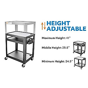 3 Shelf Metal Utility cart - Steel Construction Mobile Presentation Cart Projection Cart with Power Strip - Durable Utility Cart AV Carts on Wheels - Supports Up to 300 LBs (24'' x 18'' x 41'')