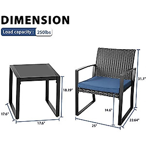 Oakmont 3 Pieces Patio Furniture Set Outdoor Wicker Conversation Set Modern Bistro Set Black Rattan Balcony Chair Sets with Coffee Table for Yard and Bistro(Navy Blue)