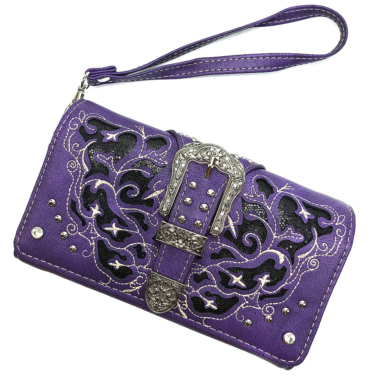 Western Gleaming Buckle Floral Cowgirl Women Crossbody Wrist Trifold Wallet (Purple)