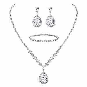 THUNARAZ Silver Bridal Jewelry Set Rhinestone Crystal Necklace Bracelet Dangle Earrings for Women Brides Bridesmaid Prom Costume Accessories