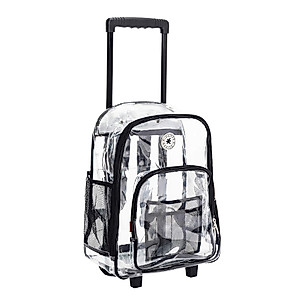 K-Cliffs Rolling Clear Backpack Heavy Duty Bookbag Quality See Through Workbag Travel Daypack Transparent School Book Bags with Wheels Black