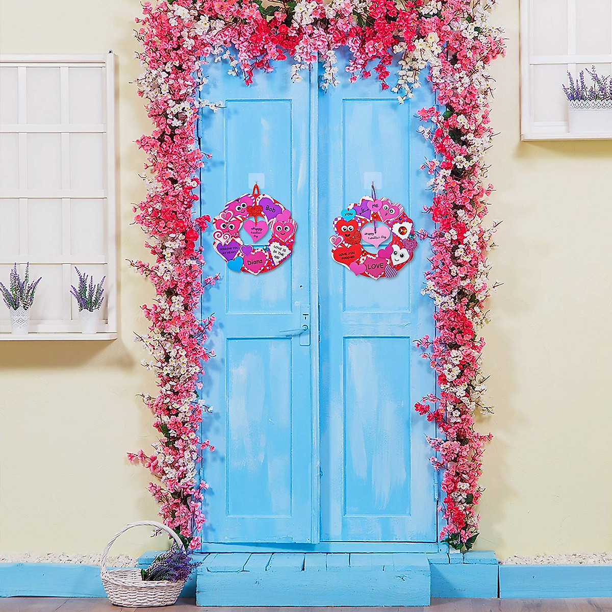 Winlyn 12 Sets Heart Wreath Ornaments Decorations Valentine Crafts Kits for Kids Classroom DIY Valentine's Day Heart Wreath Assorted Heart Cutouts Foam Stickers Googly Eyes Valentine Gift Exchange