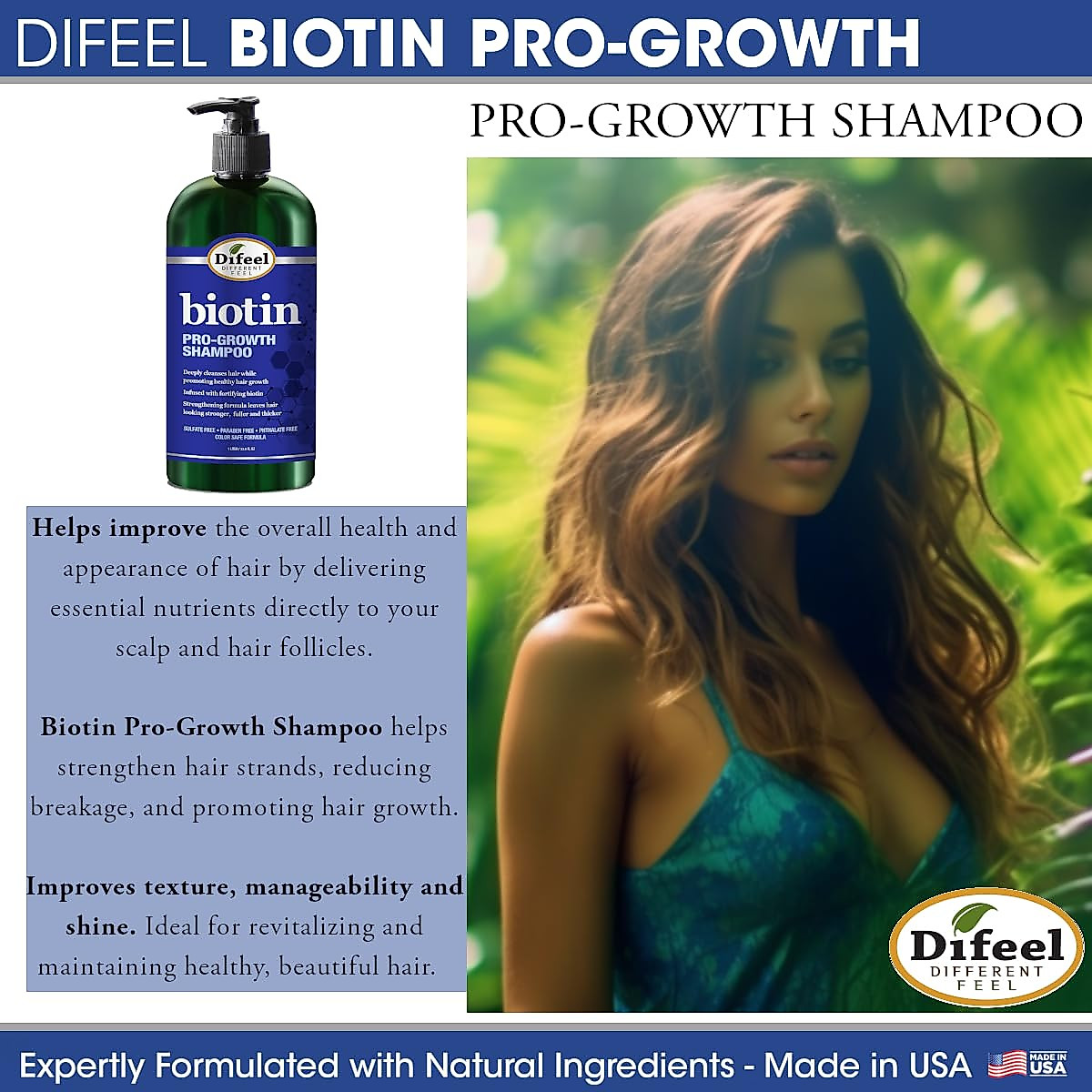 Difeel Biotin Pro-Growth 4-PC Hair Care Gift Set - Shampoo (12oz), Conditioner (12oz), Hair Oil (7oz), and Hair Mask (12oz)