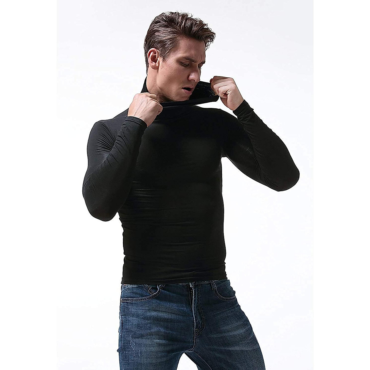 SALNIER Men Basic Turtleneck Slim Fit Long Sleeve Pullover Top Solid Thermal Knitted T-Shirt Sweaters Soft Lightweight Shirt (Black, M)