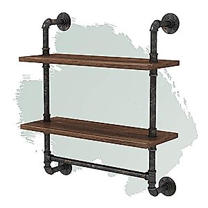 MCleanPin Industrial Pipe Shelves Wall Mount Bathroom Shelf with Towel bar Floating Shelf 2-Tiers 24 in, DIY Open Bookshelves,Metal Towel Rack Bookcase, Real Wood Storage Shelving