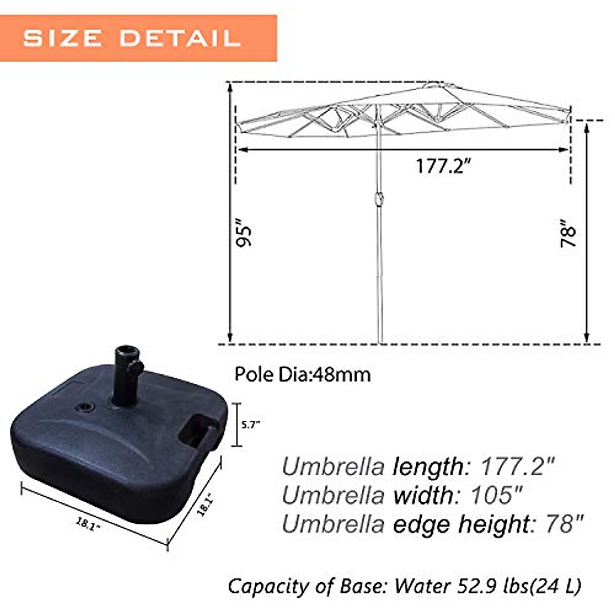 LOKATSE HOME 15 Ft Double Sided Patio Umbrella with Crank Handle and Water Fillable Base Stand Twin Head Sun Shade for Outdoor Garden Balcony Market Poolside, Red