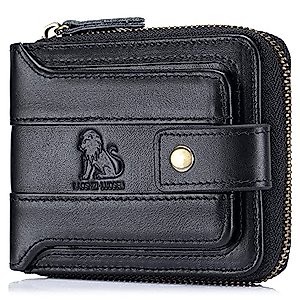 LAOSHIZI Mens Wallet with Zipper Genuine leather Black Zip Around Purse RFID Blocking Bifold ID Window With Coin Pocket