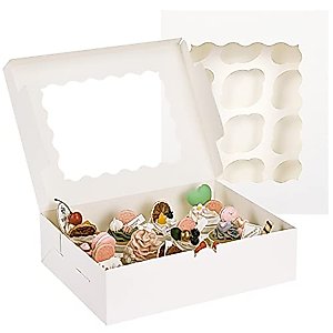 TOMNK 20pcs 13 Inch Cupcake Boxes White Bakery Boxes with Window and Inserts Cupcake Containers 12 Count Bakery Carrier Boxes for Cupcakes Muffins Donuts and Party Favor 13x10x3.5 Inch