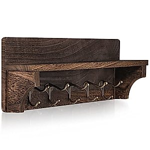 Rustic Coat Hooks with Shelf Wall Mounted, Wood Wall Hanging Entryway Shelf with 5 Dual Metal Hooks, Wall-Mounted Coat Rack for Your Entryway, Kitchen, Bathroom