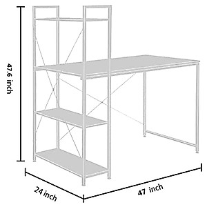 Coral Flower Tower Computer Desk with 4 Tier Shelves - 47.6'' Multi Level Writing Study Table with Bookshelves Modern Steel Frame Wood Desk Compact Home Office Workstation (Natural brown)