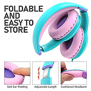 FosPower Kids Headphones (Safe Volume Limit 85 dB), Childrens Headphones Over The Ear with Built-in Mic, 3.5mm Tangle-Free Cable for Boys/Girls/School - Mint/Pink