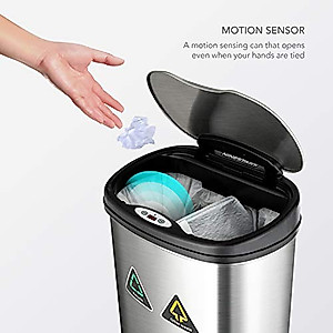 NINESTARS DZT-50-13R Automatic Touchless Infrared Motion Sensor Trash Can/Recycler, 13 Gal 50L, Stainless Steel Base (Oval, Black/Silver Lid)