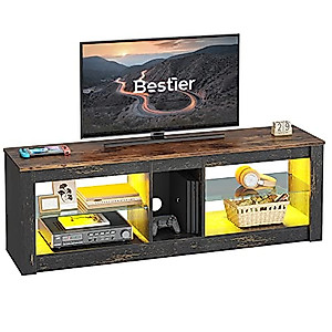 Bestier RGB TV Stand for 65+ Gaming Entertainment Center Gaming LED TV Media Console Table with 2 Glass Shelf PS Gaming TV Cabinet for Living Room, Golden Black