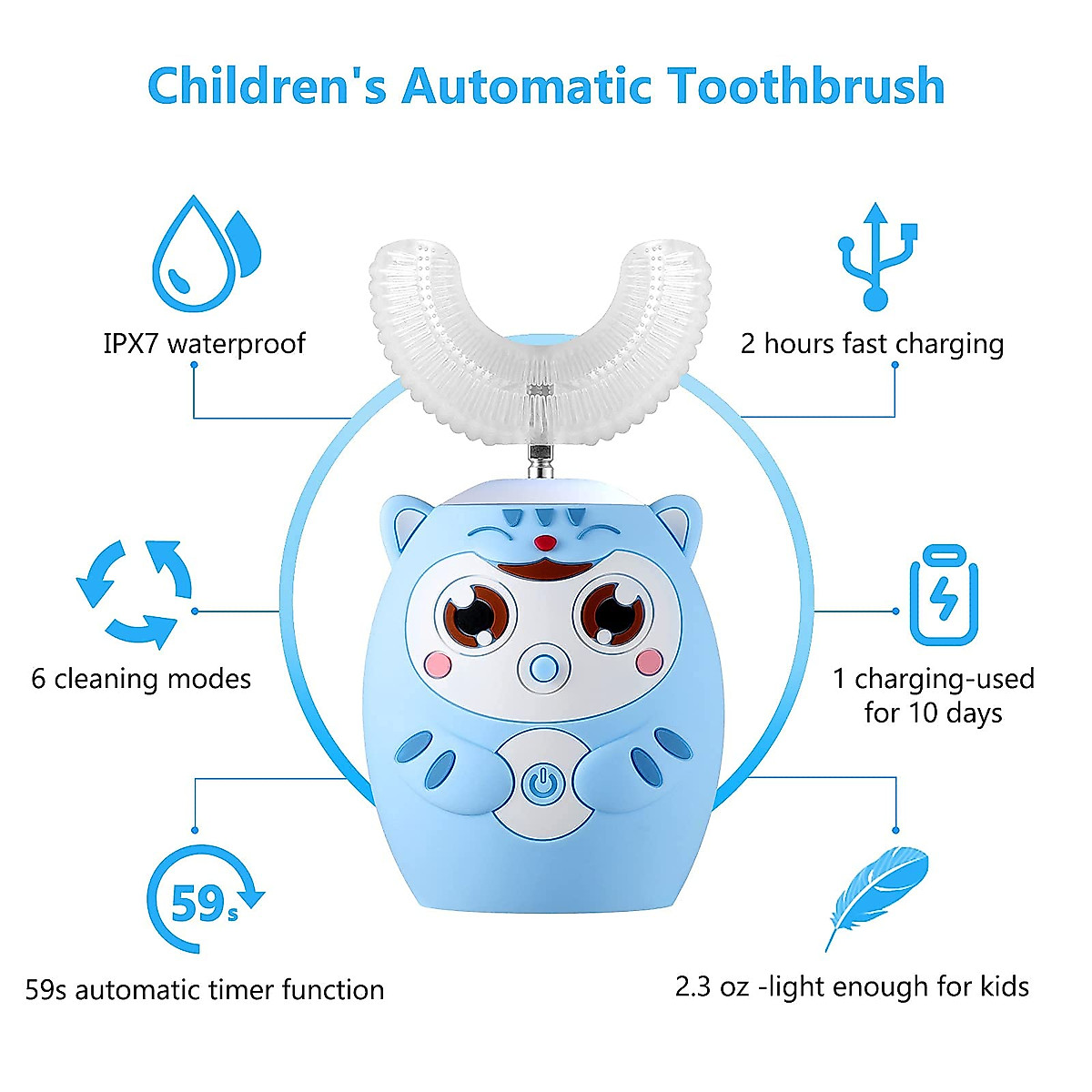 Kids U Shaped Electric Toothbrush U Shaped Automatic Toothbrushes 360° Cleaning with Six Smart Modes Auto Whitening Toothbrush IPX7 Waterproof Design for Toddler Children (8-15 Age (Blue))
