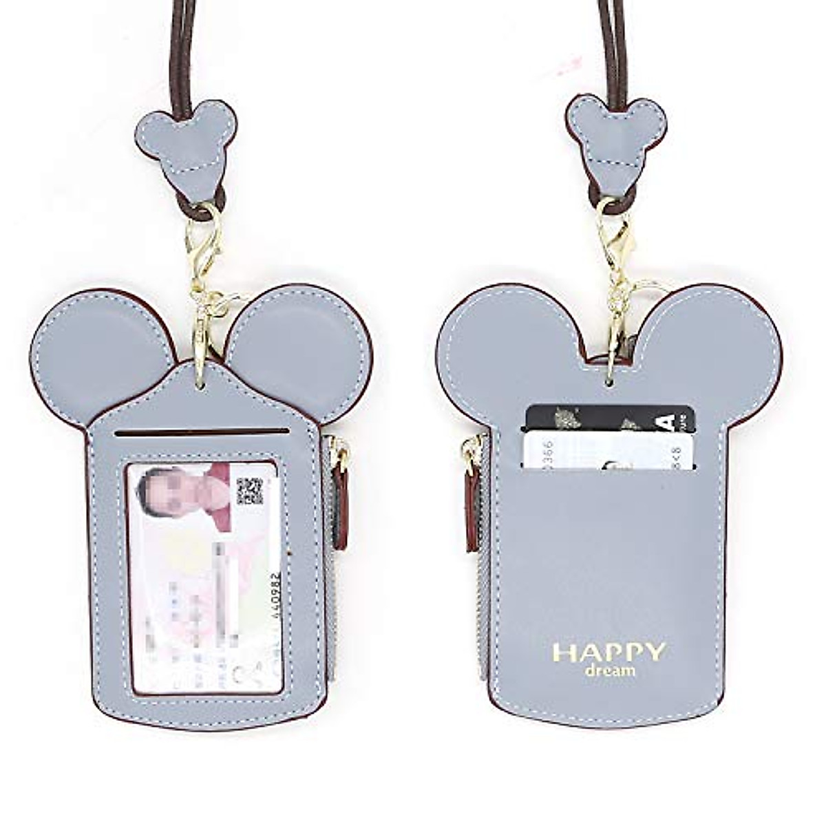 Ondeam ID Holder With Lanyard Badge Holder,PU Leather newchic Cute Animal Shape neck wallet for Women(Blue)