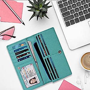 Leather Womens Wallet with Zipper Pocket, 11 Cardholders Wallets (Turquoise Blue)