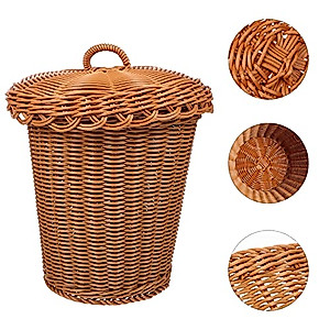 Operitacx Baskets Rattan Wastebasket Round Waste Bin with Lid Farmhouse Trash Can Garbage Container Laundry Sundries Bins for Kitchen Living Room Bedroom Bathroom Straw Container