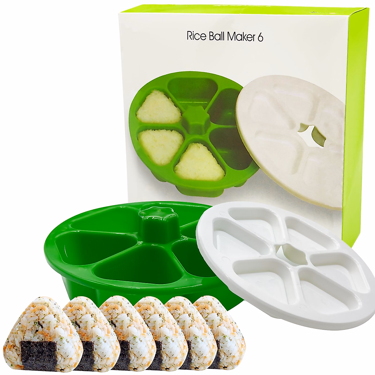 6 in 1 Onigiri Mold Triangle Sushi Mold Multifunctional Rice Ball Mold for Making and Storing Sushi - Once Quickly Make 6pcs Onigiri Green