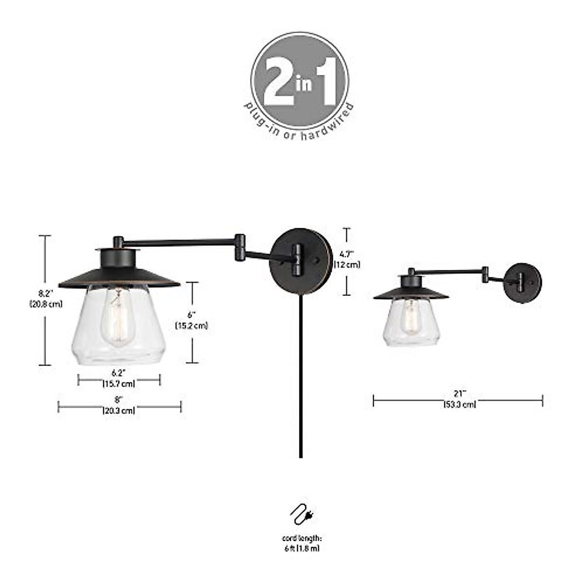Globe Electric 51543 Nate 1-Light Plug-in or Hardwire Swing Arm Wall Sconce, Oil Rubbed Bronze, Clear Glass Shade, 6ft Black Fabric Covered Cord, Inline On/Off Rocker Switch