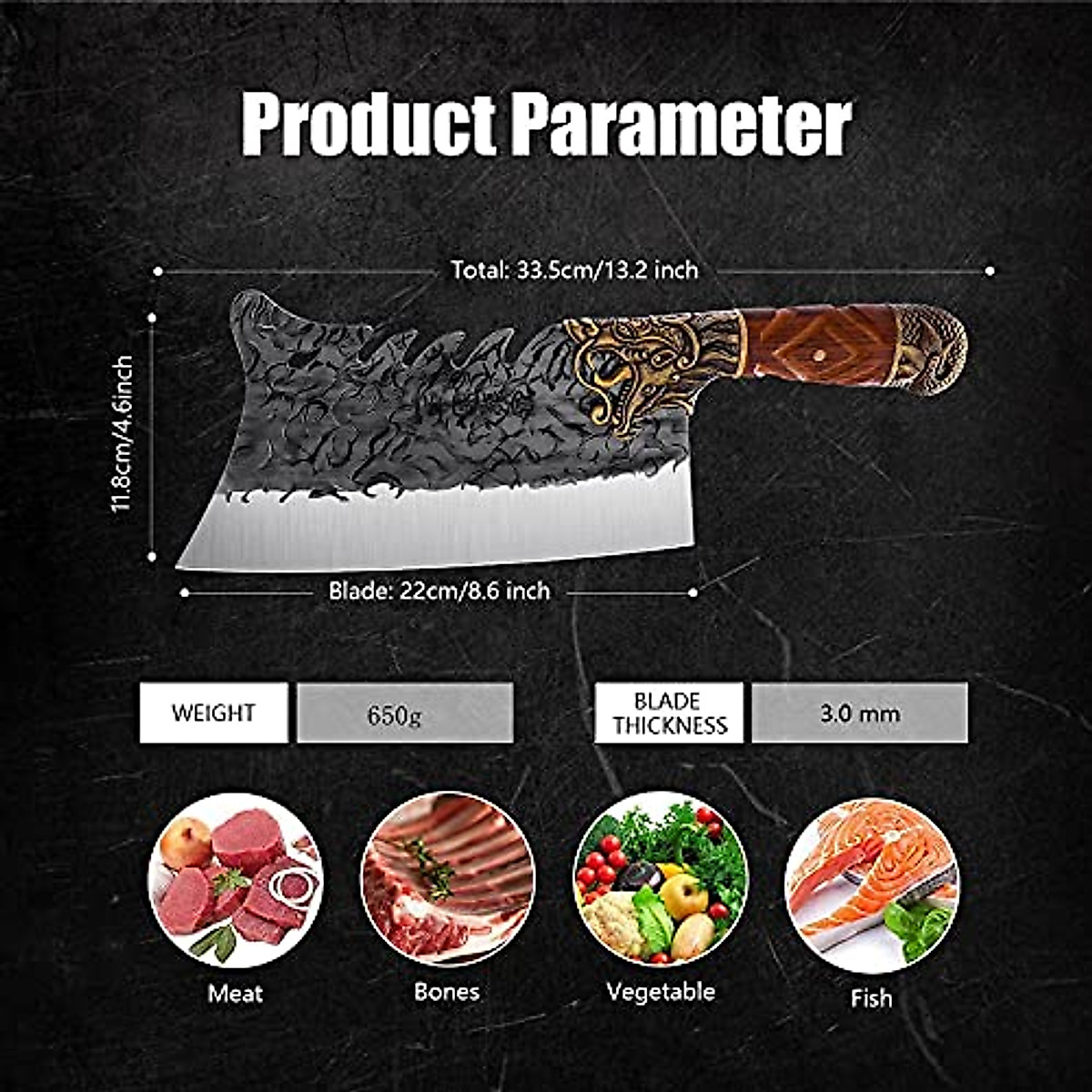 ROCOCO Cleaver Knife Meat Cutting Heavy Duty 8.6" Large Hand Forged Chinese Bone Vegetable Dragon Butcher Chopper Viking Cutter for Kitchen Outdoor with Sheath Father's Mother's Day Birthday Gift Men