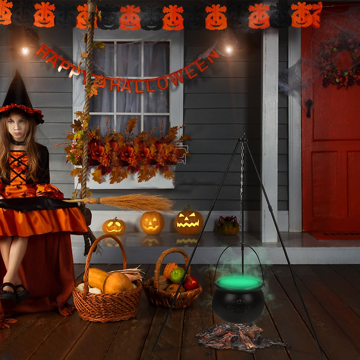 Halloween Witches Cauldron on Tripod, Halloween Cauldron with Green Lights, Halloween Outdoor Decor, Hocus Pocus Candy Bucket Decorations for Home Patio Garden Lawn Outside