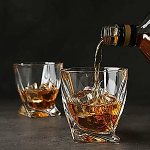 Whiskey Glasses Set, 2 Twisted Old Fashioned Lowball Bar Tumblers 2 Ice Ball Molds 2 Coasters In Gift Box, 11 Oz Rock Barware for Bourbon Scotch Cocktail Vodka, Unique Gifts for Men