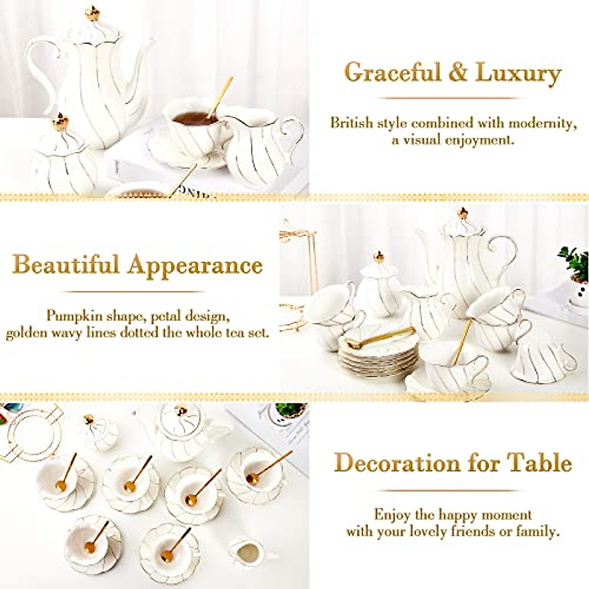 DUJUST 22 pcs White Porcelain Tea Set for 6, Luxury British Style Tea/Coffee Cup Set with Golden Trim, Beautiful Tea Set for Women, Tea Party Set, Gift Package (Including a Stand) - White