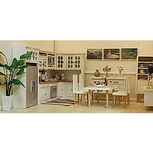 iLAND Dollhouse Kitchen, Modern Dollhouse Furniture Set on 1/12 Scale Wooden White to Store Miniature Food