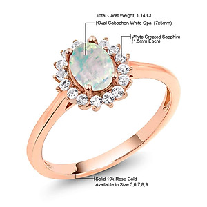 Gem Stone King 10K Rose Gold Cabochon White Simulated Opal and White Created Sapphire Engagement Ring For Women (0.87 Cttw, Available In Size 5, 6, 7, 8, 9)