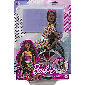 Barbie Fashionistas Doll #166 with Wheelchair and Ramp, Crimped Brunette Hair and Rainbow-Striped Dress with Accessories (Amazon Exclusive)
