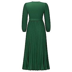 Women's Elegant Wrap V Neck Lantern Sleeve Belted Pleated Flowy Maxi Long Dress Wedding Guest Dress