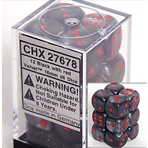 Chessex Dice d6 Sets: Velvet Black with Red - 16mm Six Sided Die (12) Block of Dice
