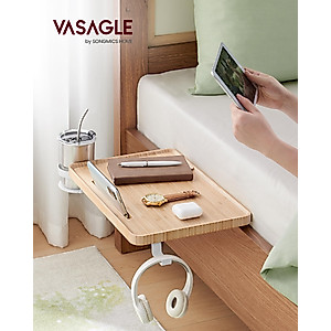 VASAGLE Bedside Shelf for Top Bunk, College Dorm Room Essentials Clip On Nightstand Bedside Storage with Phone Slot, Cup Holder, Hook, Clamps, Dormitory, Loft Accessories, Natural Beige ULET301N03