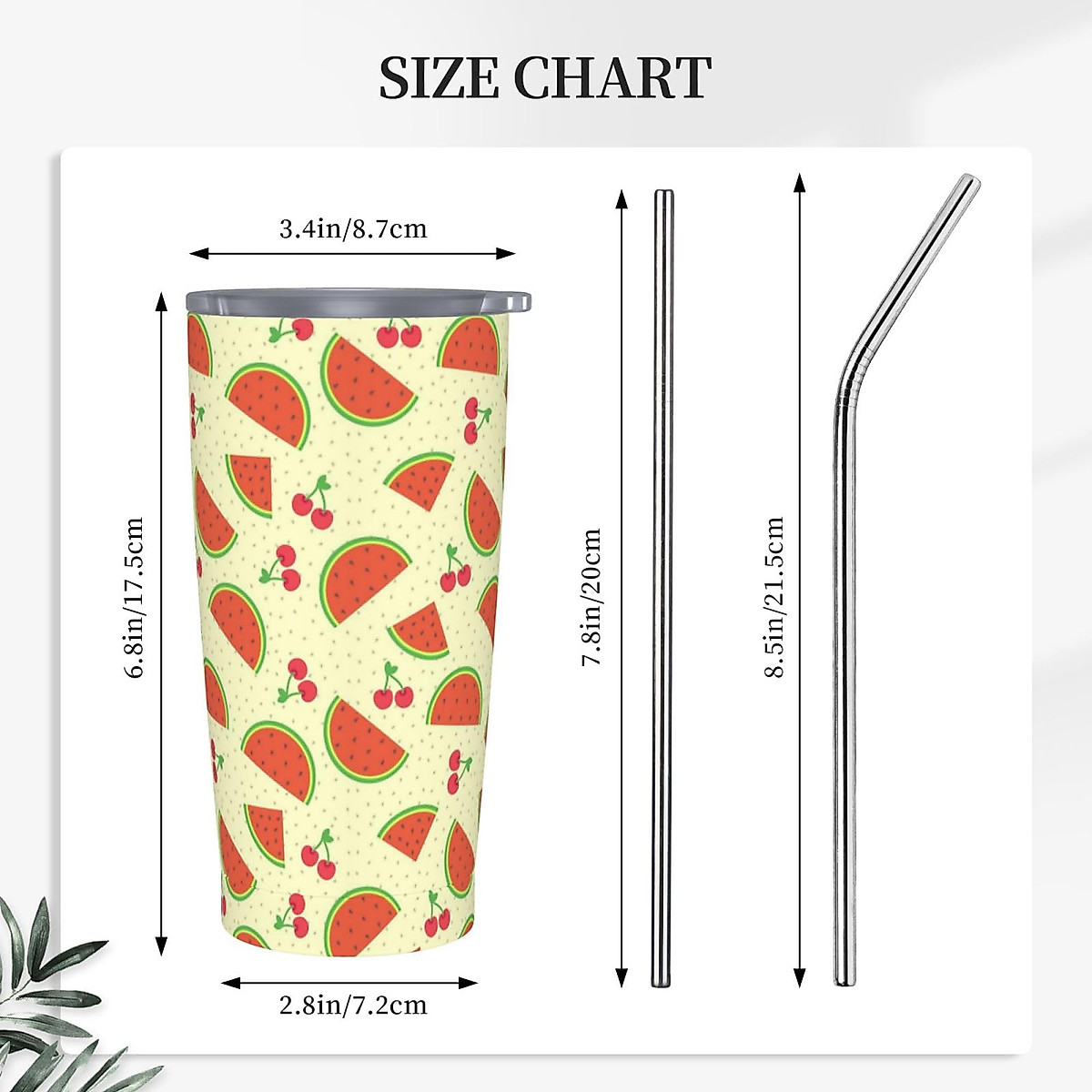 Yaxongx 20oz Tumbler Watermelon Cherry Double Wall Vacuum Insulated Coffee Mug with Lid and Metal Straw Brush Reusable Stainless Steel Water Bottle Travel Cup Gifts for Car Ice Drinks Hot Beverage