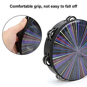 Hand Tambourine, 8 inch Polyester Drum Skin Solid Wood Materials Double Row Percussion Percussion Music Instruments for Kids Adults Church Party(Colorful Rays)