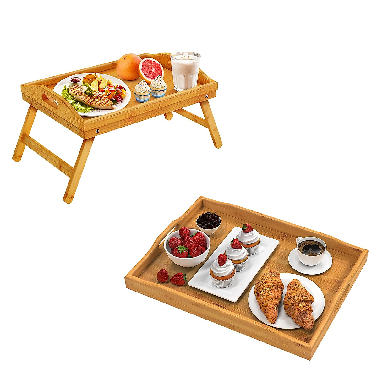 Bamboo Bed Tray Table with Foldable Legs & Extra Large Bamboo Serving Tray Food Tray