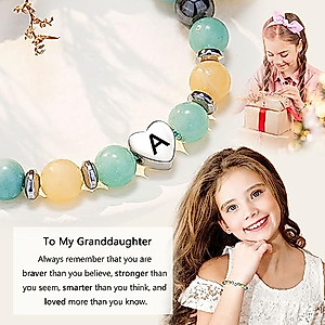 UNGENT THEM Initial Charm Natural Stone Bracelet for Granddaughter Niece, Birthday Valentines' day Christmas Gifts for Girls, Nylon, Cubic Zirconia