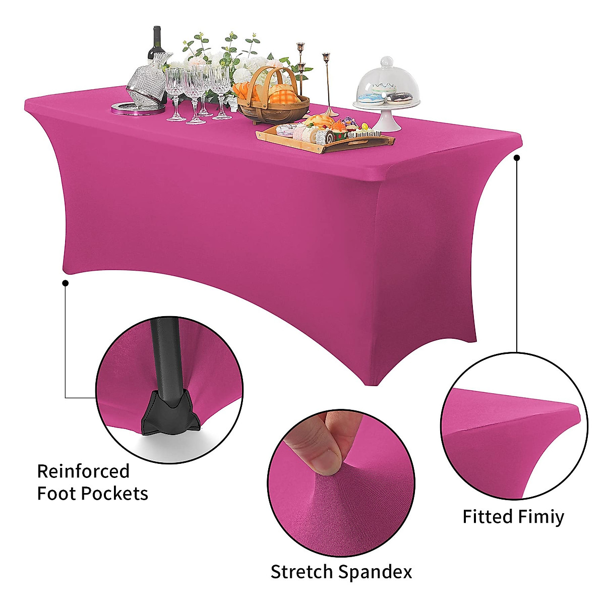 Indoor-Beauty Spandex Tablecloth 6FT Stretch Table Cover Fitted Rectangular Tables, Universal Stretch Patio Table Cloth for Wedding, Banquet, Party and Event（Fuchsia, 6FT
