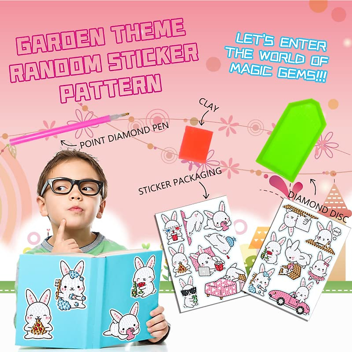 Gldmaoer 5D DIY Diamond Sticker Kids Painting Kit DIY Sticker Digital Diamond Painting Kit 5-12 Years Old Children Boys Girls Art Crafts Set (Bunny Stickers F9)