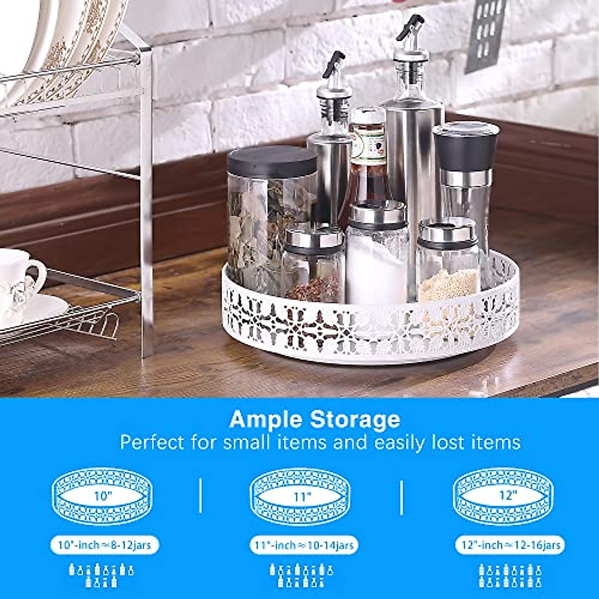 MIHIRO Metal Lazy Susan Organizer, Rotating Tray, Lazy Suan Turntable for Cabinet, Kitchen Countertop Spice Organizer, Lazy Susan for Dining Table with Non-Slip Pad (11''+12'', White)