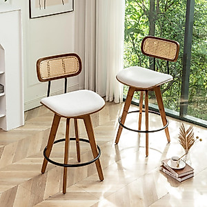 YOUUGIOR 26" Rattan Bar Stools Set of 2, Linen Fabric Counter Height Swivel Barstools with Rattan Backrest and Wooden Legs,Armless Mid Century Modern Bar Chairs for Kitchen/Dining Room/Bar(Beige)