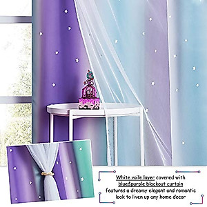 NICETOWN Kids Blackout Curtains for Girls, Star Cutout Teal & Purple Double Layer Curtains for Bedroom Grommet Mix & Match Baby Window Decor Drapes for Nursery/Living Room, 2 Panels, 52" W x 72" L