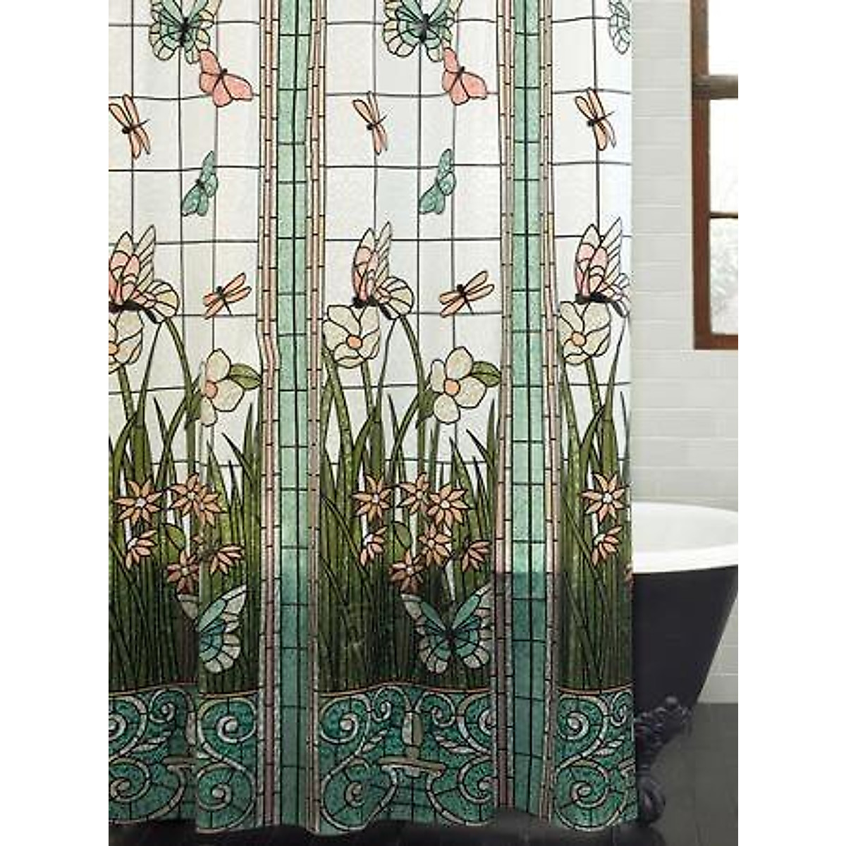 EZON-CH Waterproof Shower Curtain Stained Glass Meadow Flower Dragonfly Print Polyester Fabric Bath Curtain Home Hotel Apartment Bathroom Shower Curtain 72x72IN