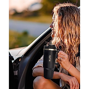 BUZIO 40oz Tumbler with Handle and Straw Lid, Stainless Steel Water Bottle Fits in Cup Holder, Insulated Tumbler Reusable Coffee Mug Travel Flask,Leak-Proof, Keep Cold for 24 Hrs/Hot for 12 Hrs, Black