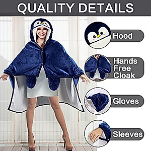 Penguin Wearable Hooded Blanket for Adults – Super Soft Warm Cozy Plush Flannel Fleece & Sherpa Hoodie Throw Cloak Wrap - Penguin Gifts for Women Adults Girls and Kids