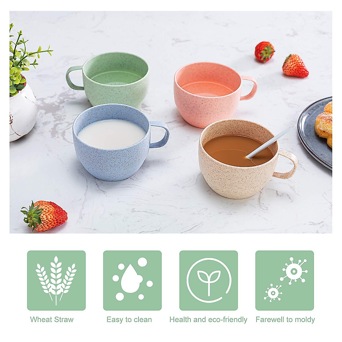 UDOIT Unbreakable Wheat Straw Kettle Set with 4 Multicolor Cups for Kids Children Toddler Adult, Lightweight Natural Reusable Drinking Mugs Pitcher Jug for Coffee, Tea, Water, Milk, Juice